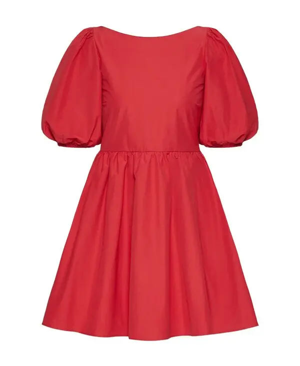 Red Valentino Taffeta Puff Sleeve Dress With Open Back And Bow Detail
