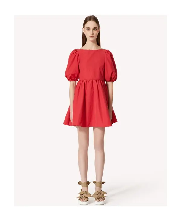 Red Valentino Taffeta Puff Sleeve Dress With Open Back And Bow Detail