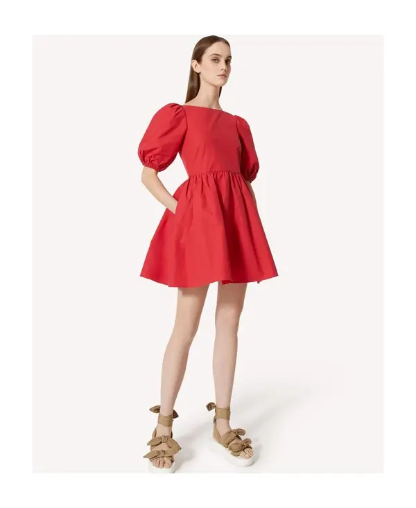 Red Valentino Taffeta Puff Sleeve Dress With Open Back And Bow Detail