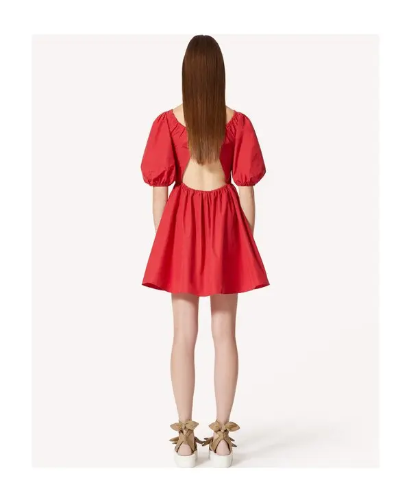 Red Valentino Taffeta Puff Sleeve Dress With Open Back And Bow Detail