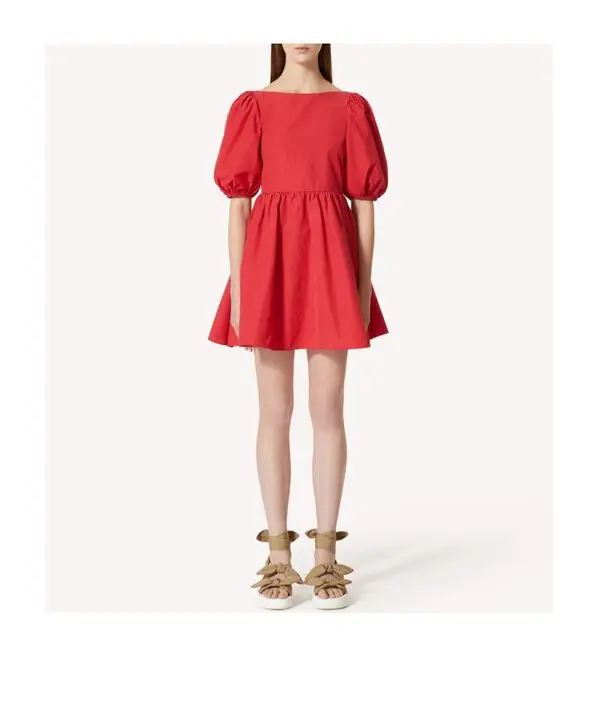 Red Valentino Taffeta Puff Sleeve Dress With Open Back And Bow Detail