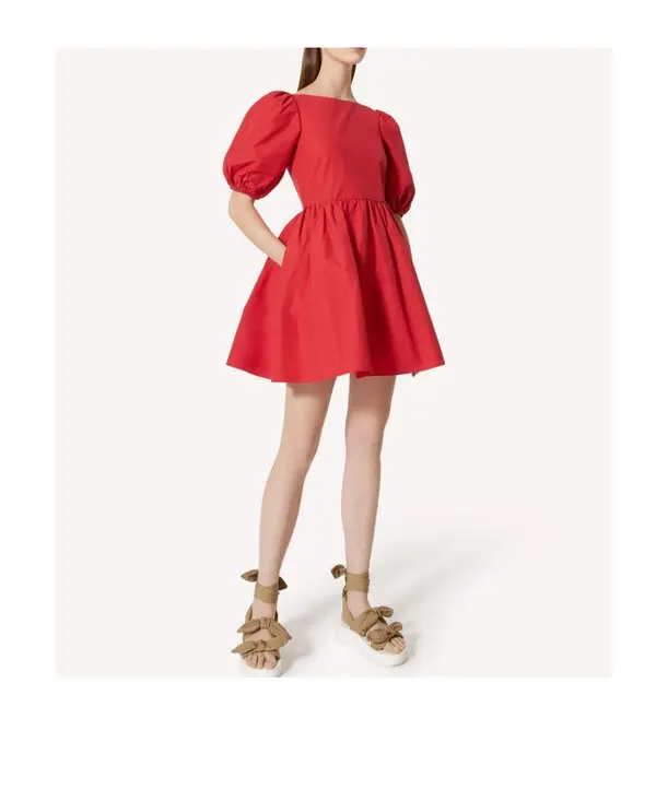 Red Valentino Taffeta Puff Sleeve Dress With Open Back And Bow Detail