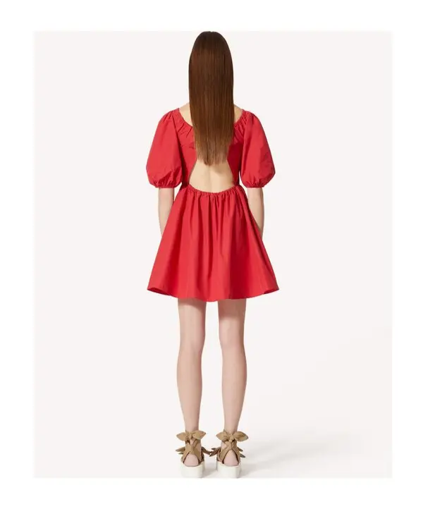 Red Valentino Taffeta Puff Sleeve Dress With Open Back And Bow Detail