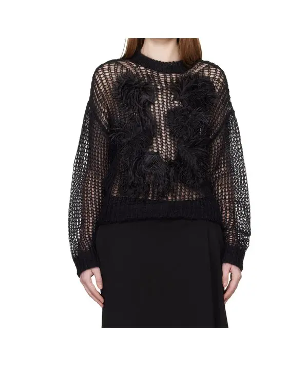 Attico Openwork Knit Sweater With Ostrich Feather Appliqu