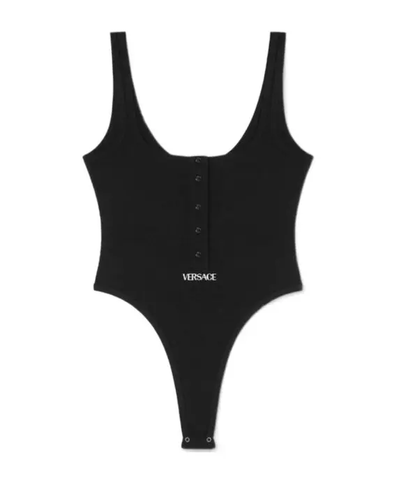 Versace Ribbed Bodysuit With Button Front And Embroidered Logo - Black