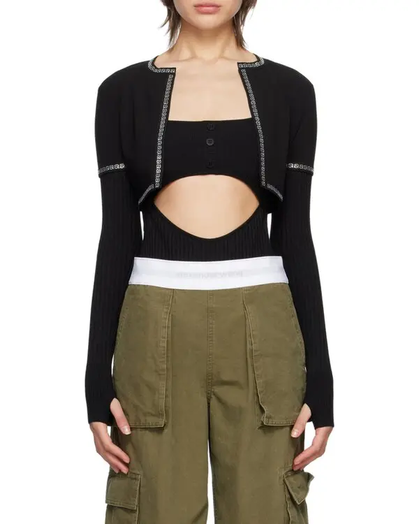 Alexander Wang Cropped Cardigan With Crystal Logo Trim