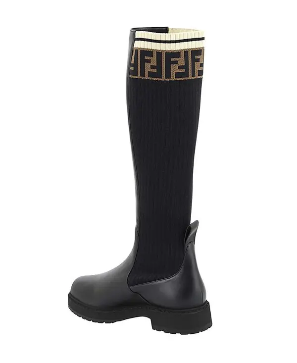 Fendi Ribbed Detail Ff-logo Knee-high Boots