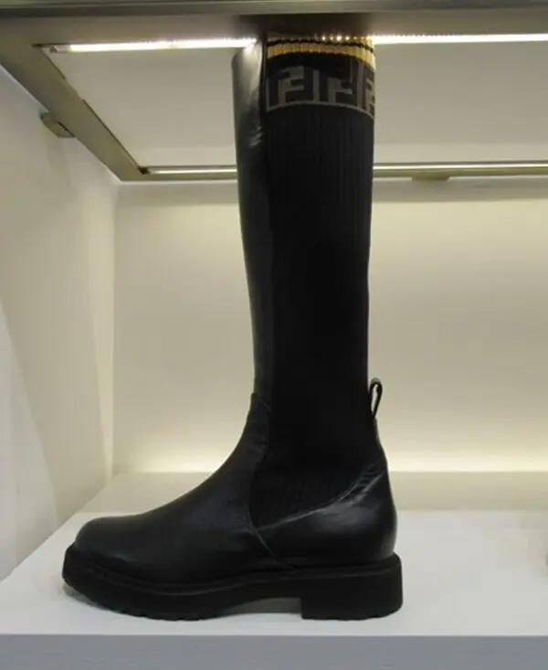 Fendi Ribbed Detail Ff-logo Knee-high Boots