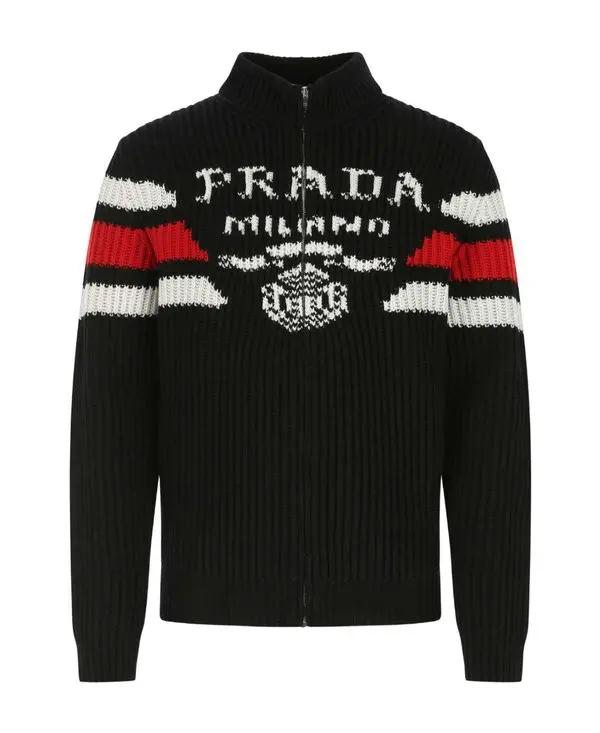 Prada Logo Jacquard Cashmere Cardigan - Black