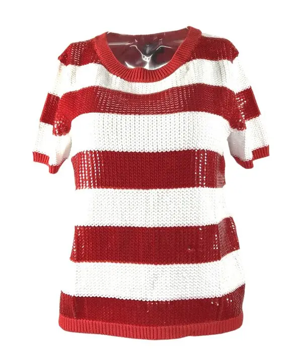 Emporio Armani Striped Sequin Embellished Short Sleeve Sweater - Red