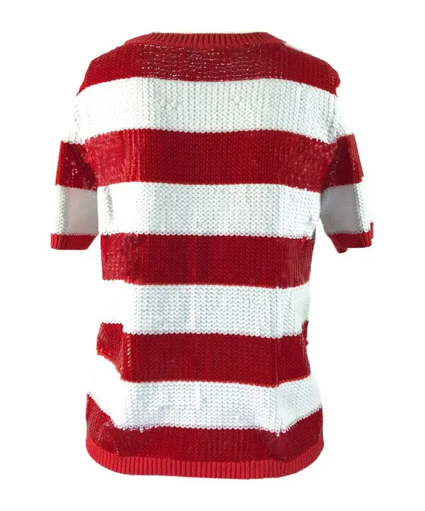Emporio Armani Striped Sequin Embellished Short Sleeve Sweater