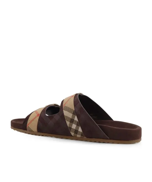 Burberry Double Buckle Checked Suede Slides - Black