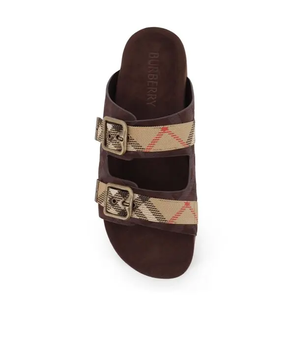 Burberry Double Buckle Checked Suede Slides - Black