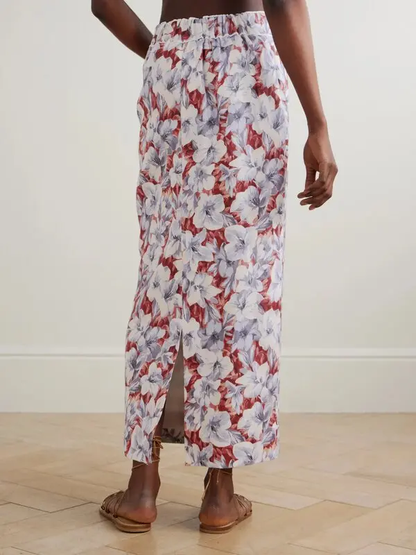 Posse Emma Floral Print Linen Midi Skirt With Lace Trim - White