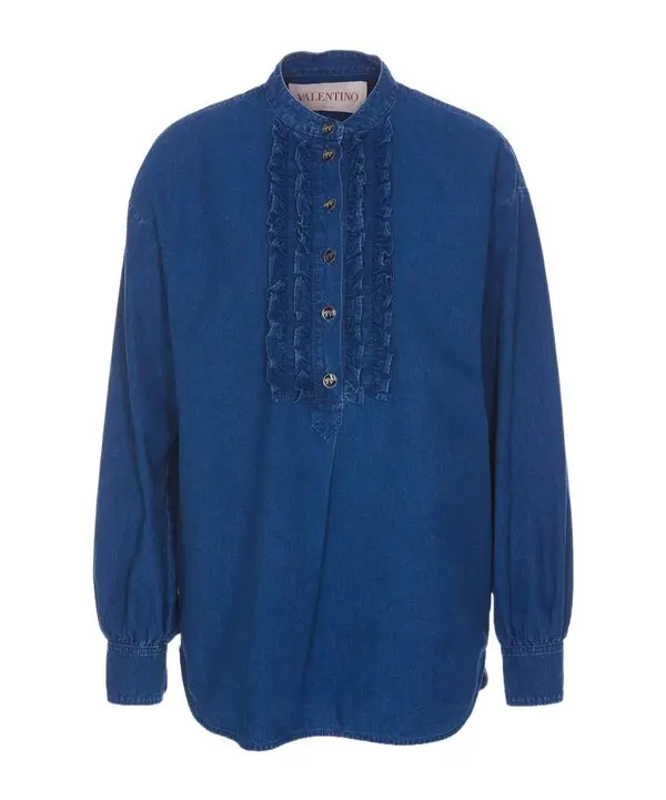 Valentino Garavani Long Sleeve Ruffled Denim Shirt