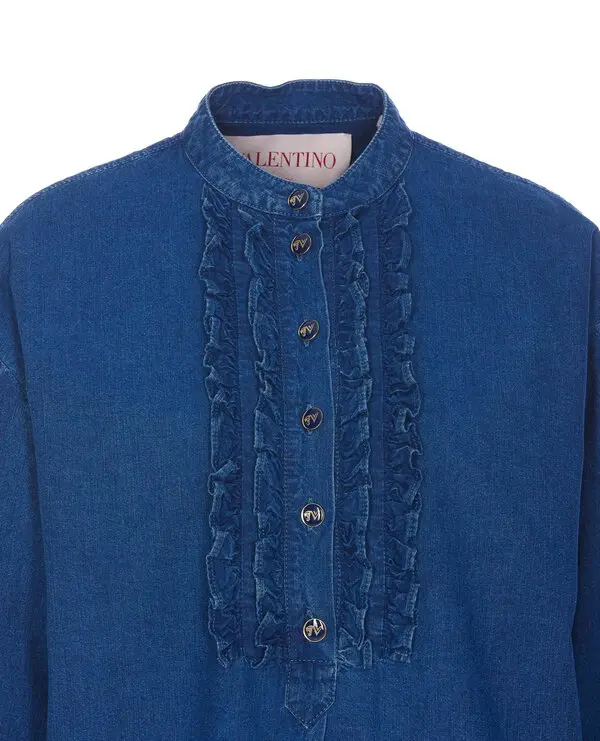 Valentino Garavani Long Sleeve Ruffled Denim Shirt