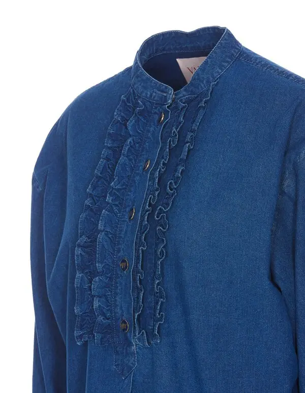 Valentino Garavani Long Sleeve Ruffled Denim Shirt