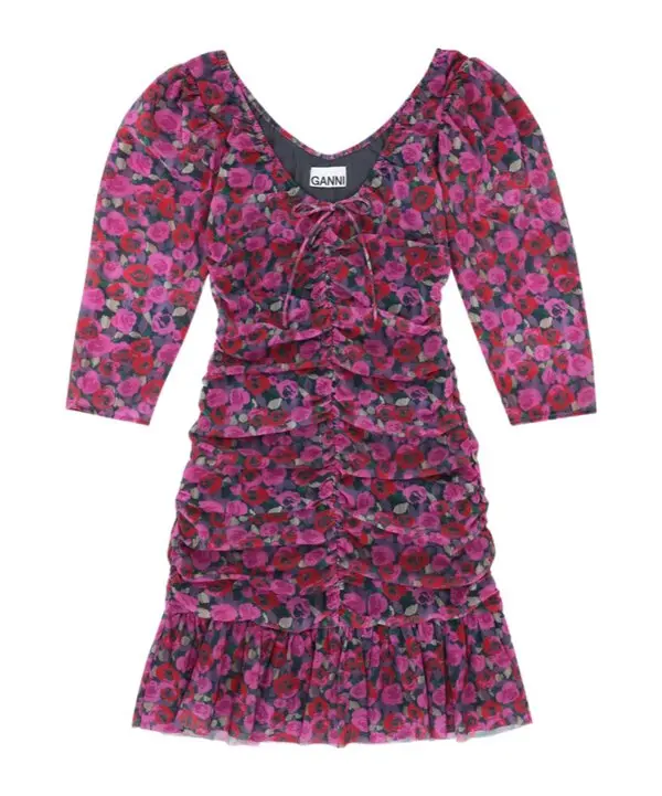 GANNI Floral Print Ruched Mini Dress