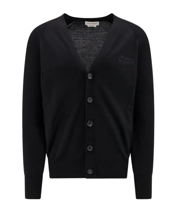 Alexander McQueen V-neck Embroidered Logo Cardigan - Black