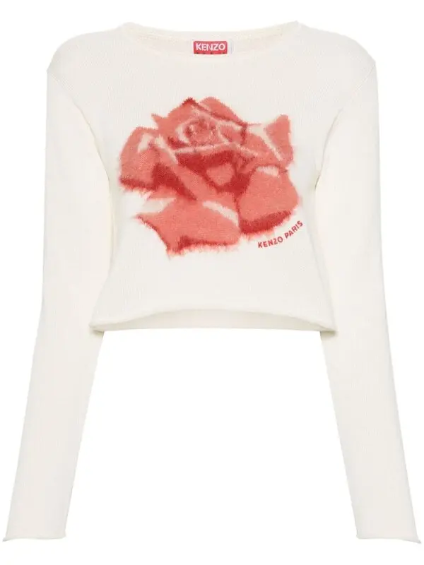 Kenzo Rose Intarsia-knit Cropped Jumper - White