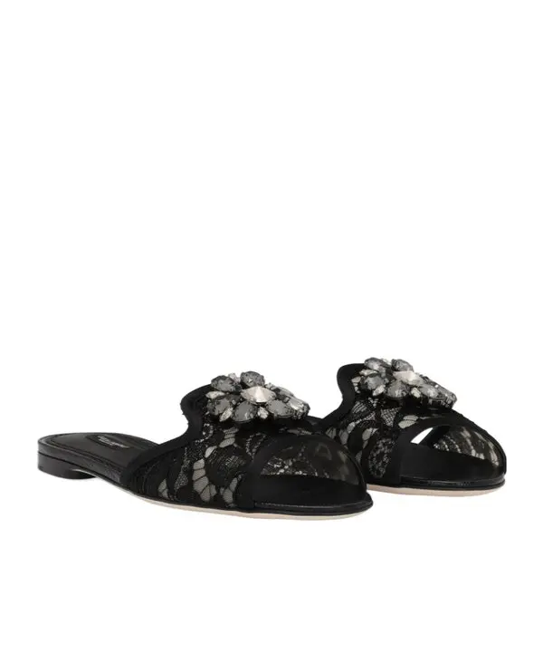 Dolce & Gabbana Bianca Lace Slides With Embellished Detail - Black