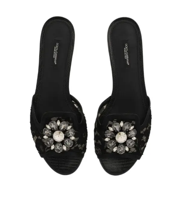 Dolce & Gabbana Bianca Lace Slides With Embellished Detail - Black