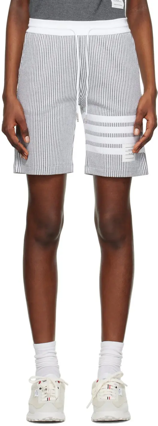 Thom Browne Seersucker Drawstring Shorts With Four Bar Stripes