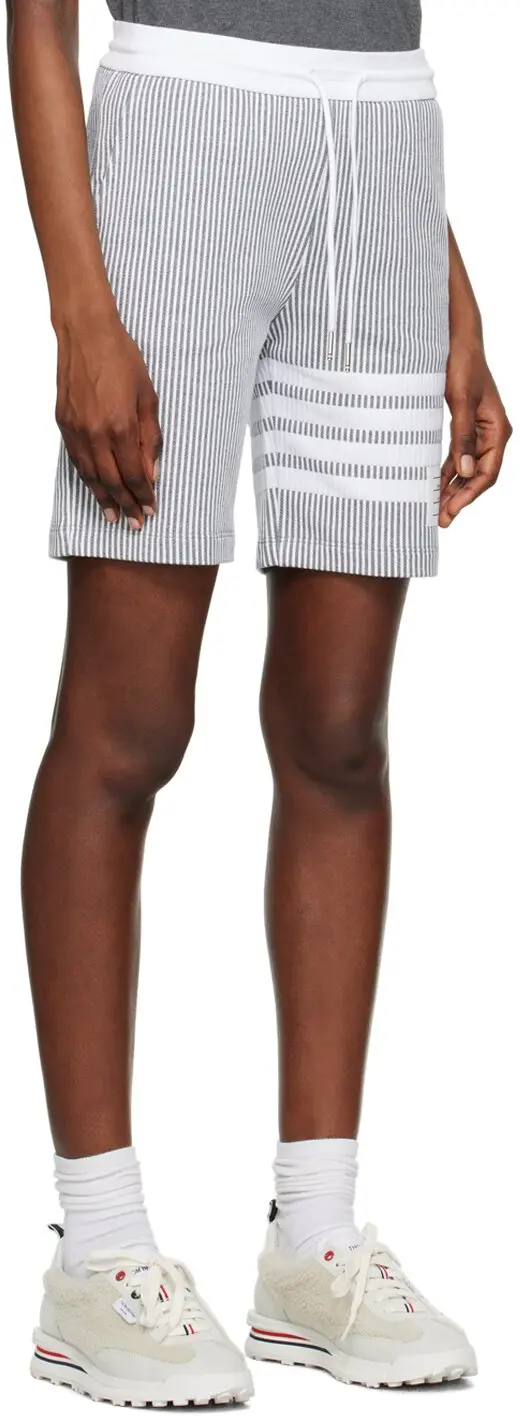 Thom Browne Seersucker Drawstring Shorts With Four Bar Stripes