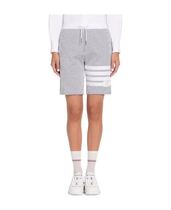 Thom Browne Seersucker Drawstring Shorts With Four Bar Stripes
