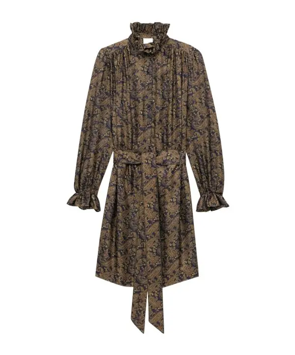 Saint Laurent Paisley Belted Long-sleeved Dress - Brown