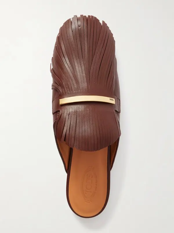 TOD'S Embellished Fringed Leather Slippers