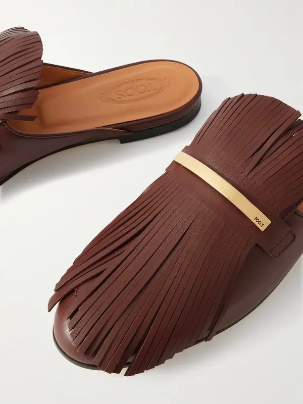 TOD'S Embellished Fringed Leather Slippers
