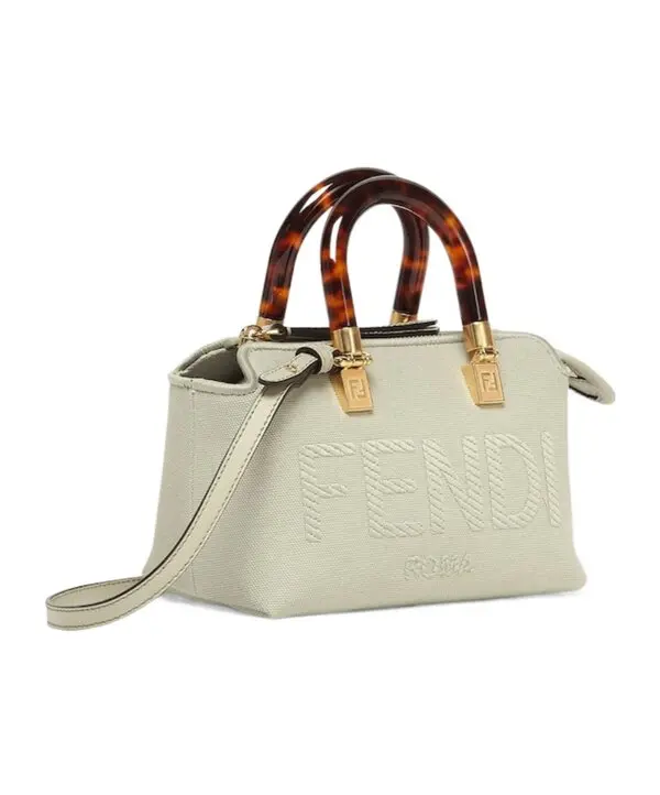 Fendi Light Canvas Small Boston Bag With Roma Embroidery