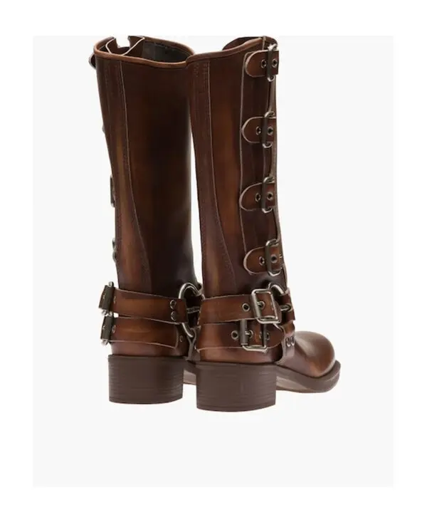 Miu Miu Buckled Round Toe Leather Boots - Green