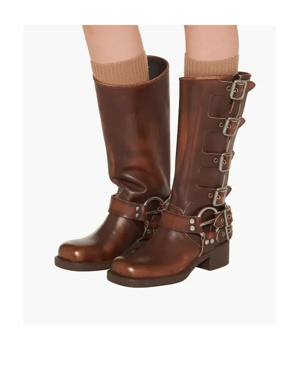 Miu Miu Buckled Round Toe Leather Boots - Green