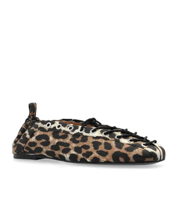GANNI Canvas Printed Ballet Flats With Lace-up Detail - Leopard Color