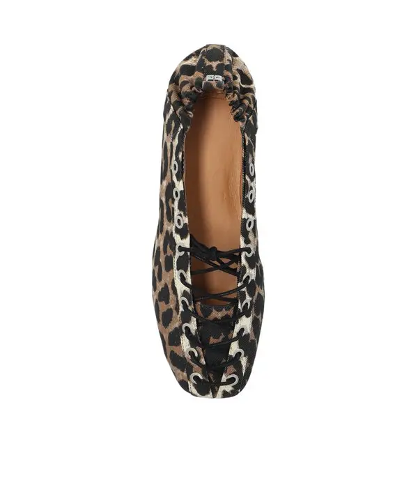 GANNI Canvas Printed Ballet Flats With Lace-up Detail - Leopard Color