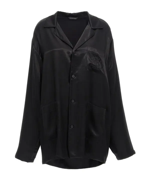 Balenciaga Logo Embroidered Long-sleeve Pajama Shirt - Black