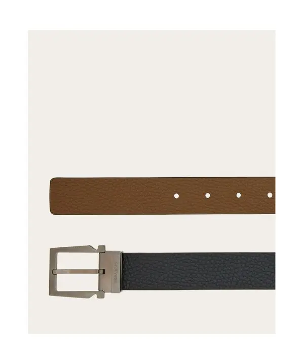 FERRAGAMO Reversible Leather Belt With Geometric Clasp - Black