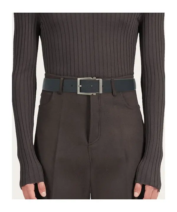 FERRAGAMO Reversible Leather Belt With Geometric Clasp - Black