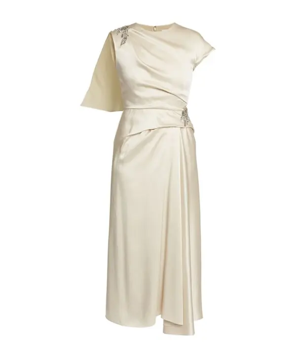Erdem Asymmetric Crystal-embellished Draped Satin Dress