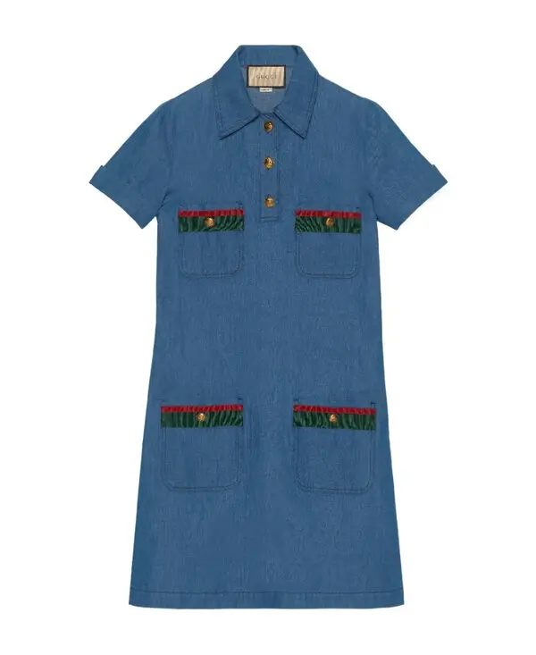 Gucci Denim Mini Dress With Webbing Trim - Blue