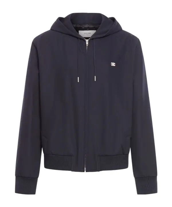 Celine Triomphe Blouson Jacket With Hood In Cotton Twill - Navy Blue