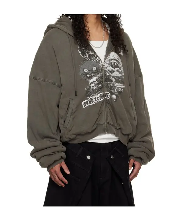 LU'U DAN Distressed Zipper Hoodie - Black