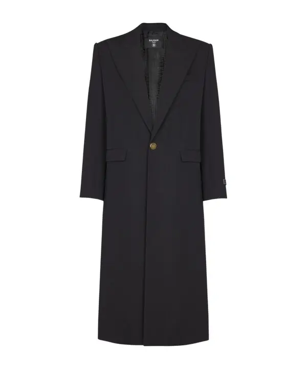 Balmain Long Coat In Grain De Poudre Wool - Black