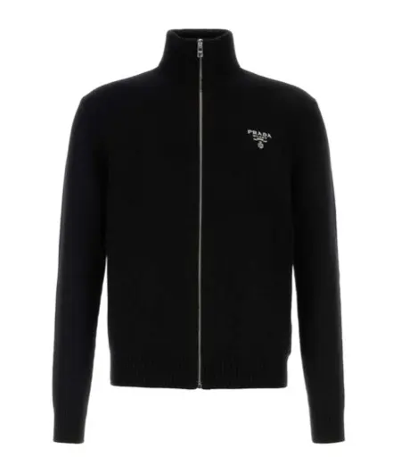 Prada Logo Embroidered Full-zip Knitted Cardigan - Black
