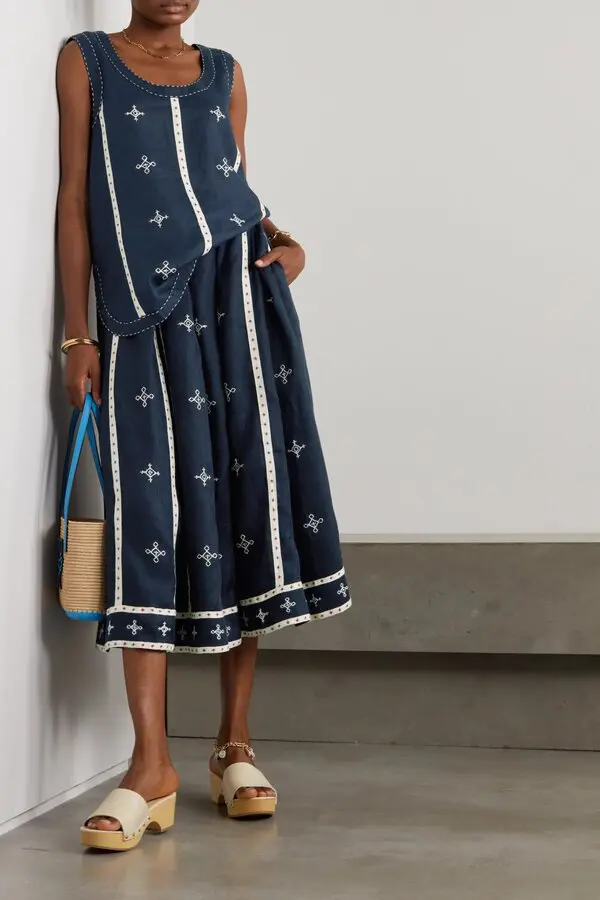 Vita Kin Gera Embroidered Linen Midi Skirt