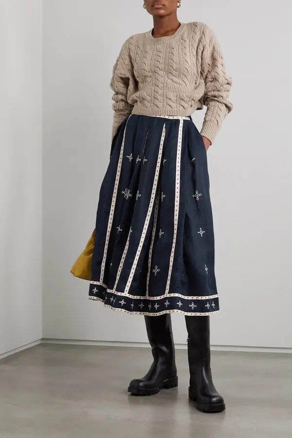 Vita Kin Gera Embroidered Linen Midi Skirt
