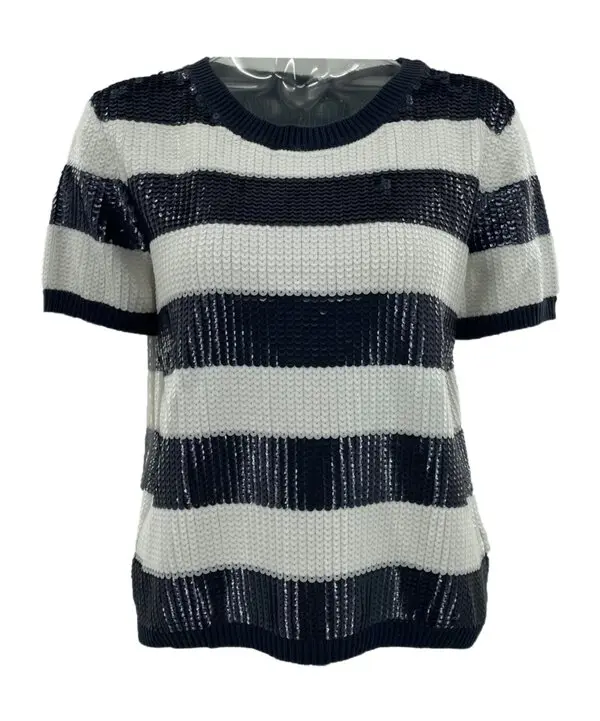 Emporio Armani Striped Sequin Embellished Short Sleeve Sweater