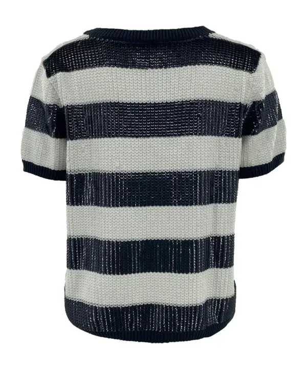 Emporio Armani Striped Sequin Embellished Short Sleeve Sweater